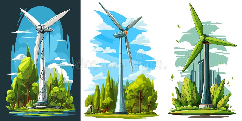 Three Illustrative Designs of Wind Turbines Surrounded by Lush Greenery ...