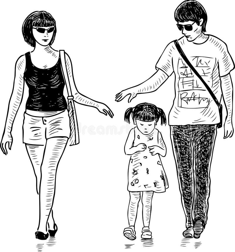 Hand Drawing of Young Parents with Their Daughter Going for a Walk ...