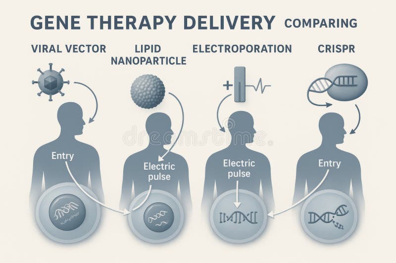 Vector Infographic Comparing Gene Therapy Delivery Methods Including CRISPR, Viral Vectors and ...