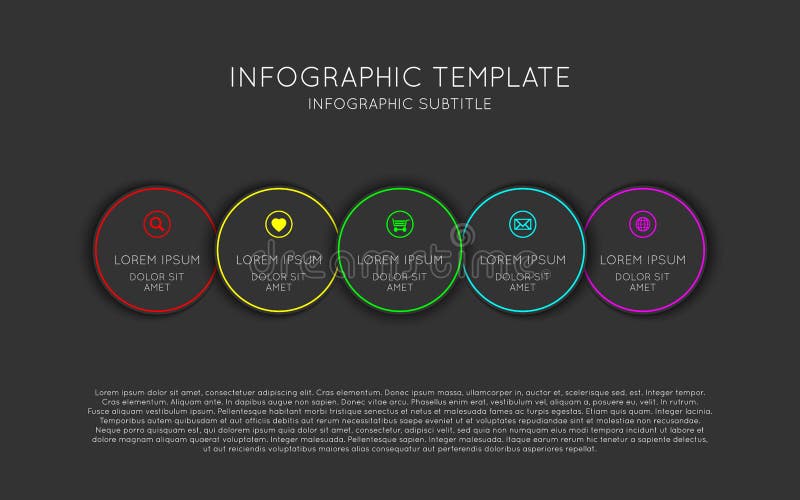 Vector Infographic Template with Five Dark Circles with Coloured Edges ...