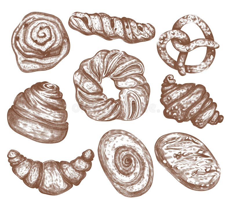 Vector Ink Drawing Elements Collection. Hand Drawn Bakery Set with ...