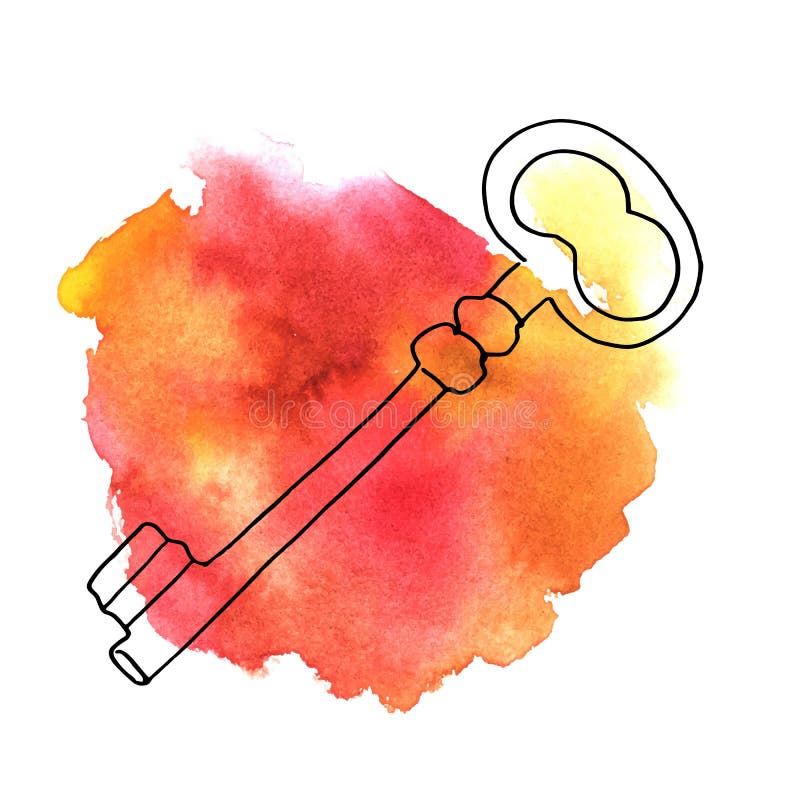 A Vector Ink Drawing of a Key on a Watercolor Background Texture, an ...