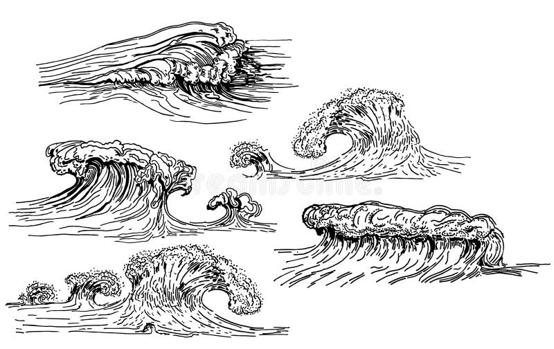 Hand Drawn Ocean Waves Vector Set Sea Storm Wave Isolated Stock ...