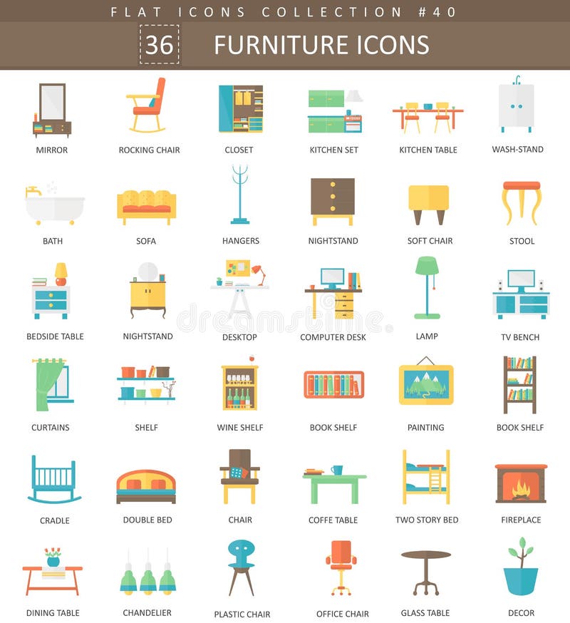 Vector Interior Furniture Color Flat Icon Set. Elegant Style Design ...
