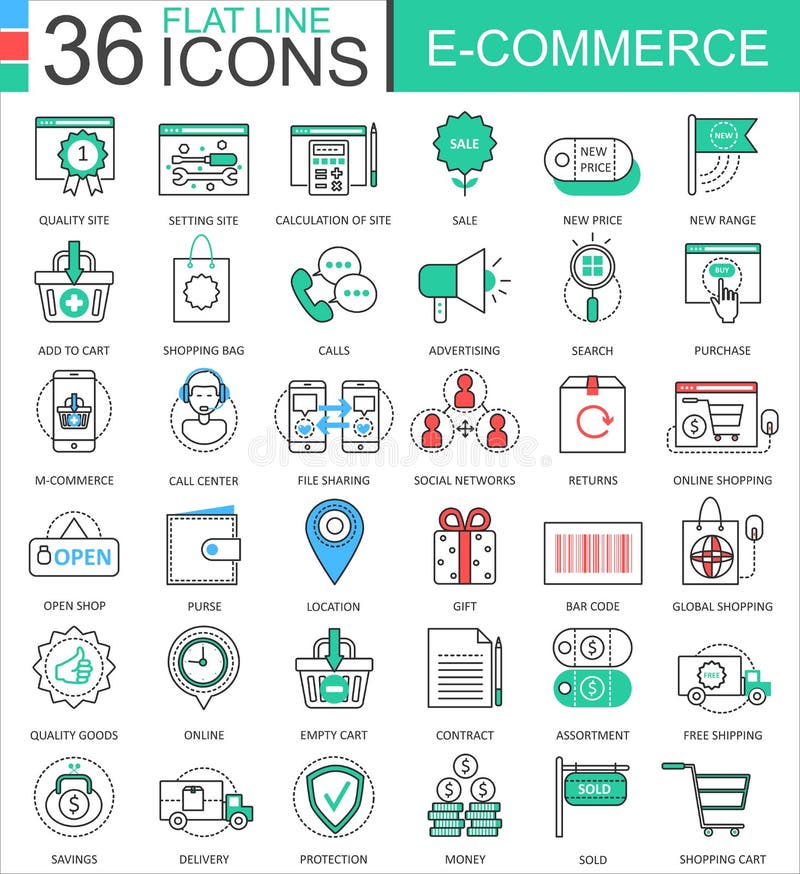 Vector Internet E-commerce Modern Color Flat Line Outline Icons for ...
