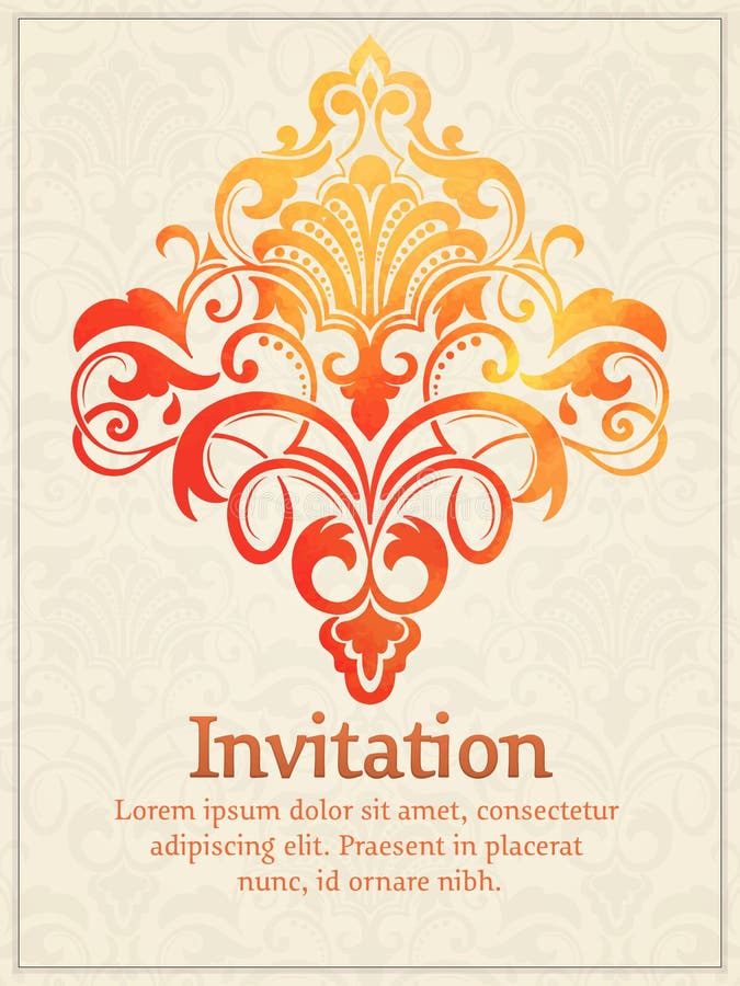 Vector Invitation Card with Watercolor Damask Element on the Light ...