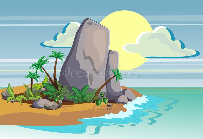 Vector Island with Sea and Sun. Summer Cartoon Illustration. Stock ...
