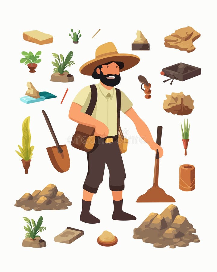 Vector Isolated Illustration of Archaeologist Set. Male Archaeologist ...
