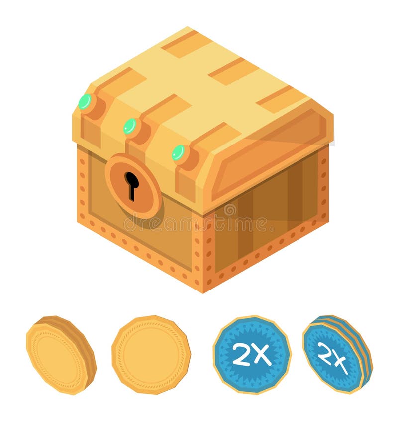 Vector Isometric Ancient Chest Box and Coin, Game Ui Stock Vector ...