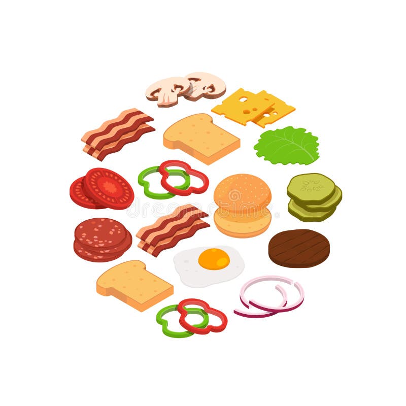 Vector Isometric Burger Ingredients in Circle Illustration Stock Vector ...