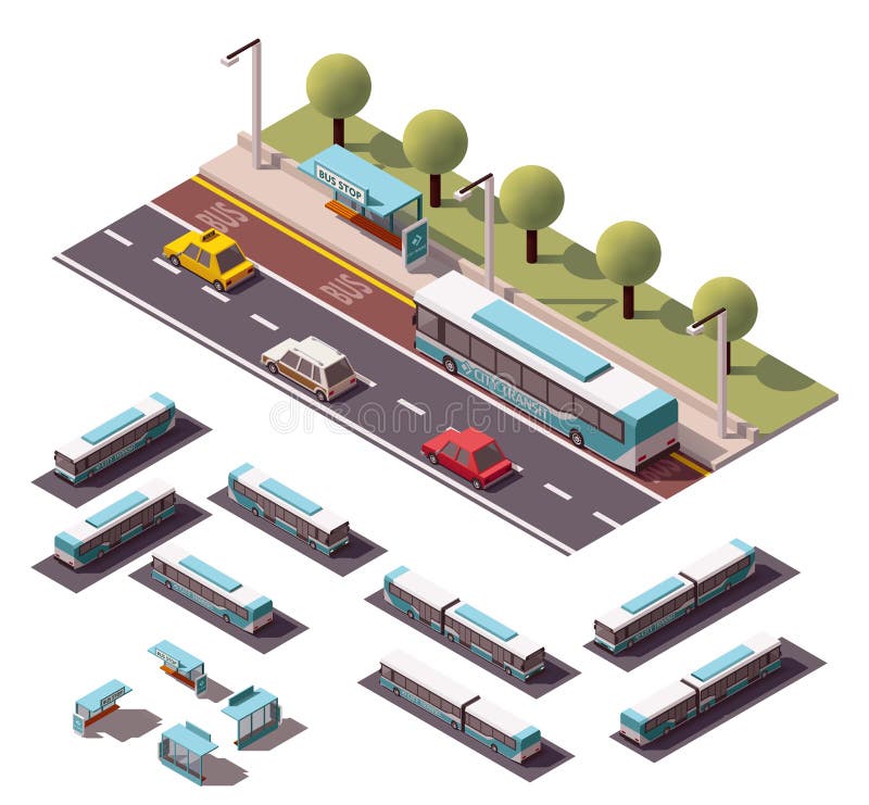 Vector isometric buses set stock vector. Illustration of building ...