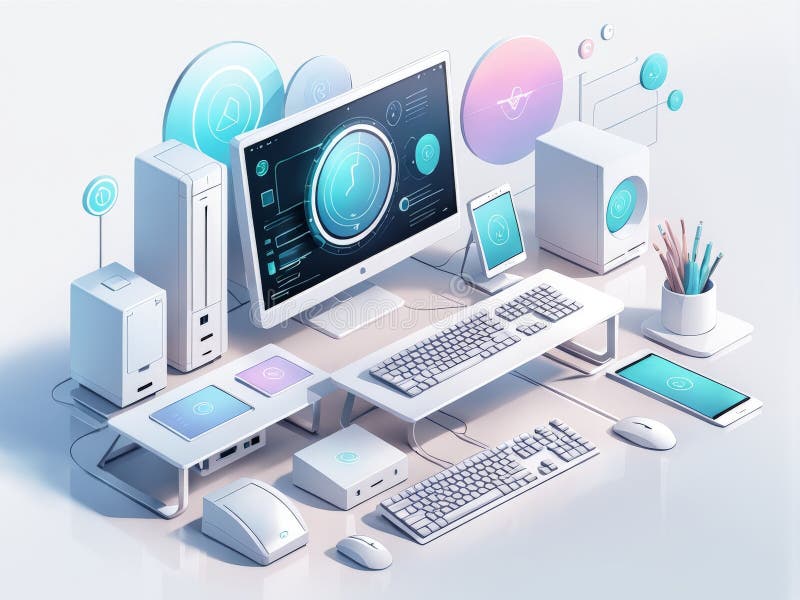 Isometric PC Computer Monoblock with Program`s Code and Two Stickers ...