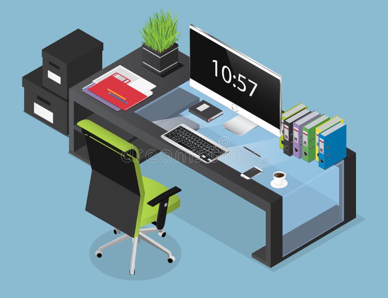 Vector Isometric Concept Illustration of Office Working Space Stock ...
