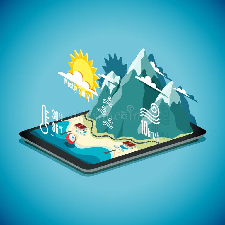 Vector Isometric Concept of Weather Forecast Program on Tablet P Stock ...