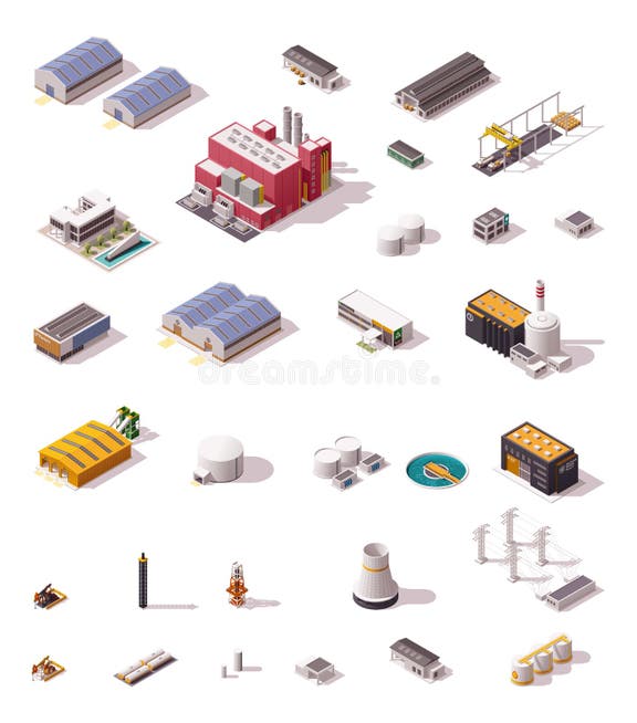 Vector Isometric Factory Buildings Set Stock Vector - Illustration of ...