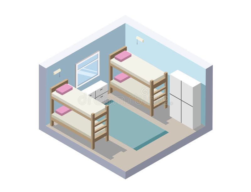 Vector Isometric Illustration of Hostel Room. Cheap Hotel Icon Stock Vector - Illustration of ...