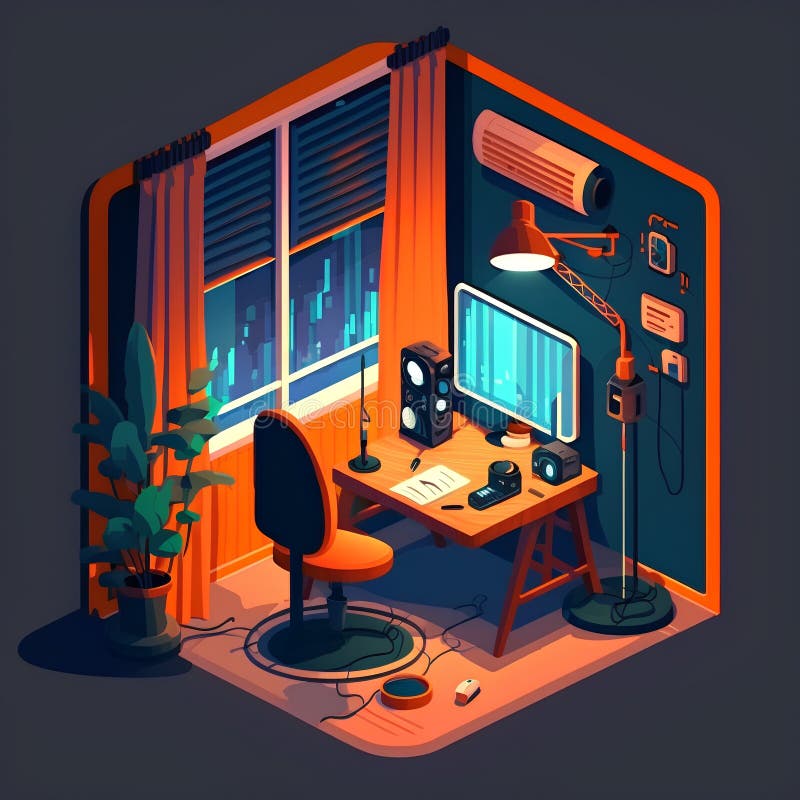Vector Isometric Illustration of a Room with a Computer, a Desk, a ...