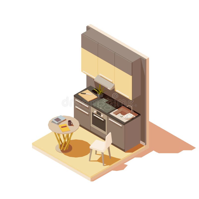 Vector Isometric Kitchen Interior Cross-section with Island Stock ...