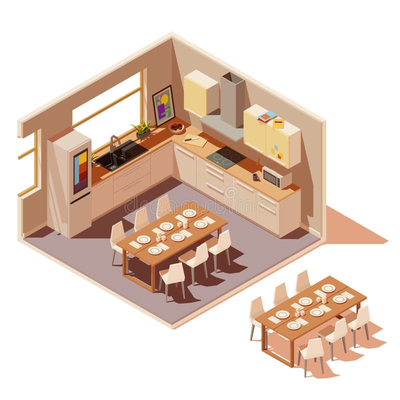 Vector Isometric Kitchen Interior Cross-section with Island Stock ...