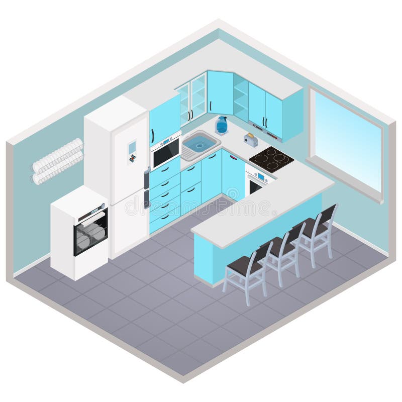 Isometric Kitchen. Vector Isometric Low Poly Kitchen Room Icon. Stock ...