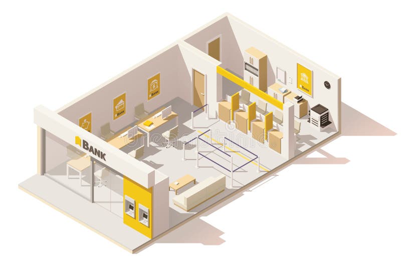 Vector Isometric Low Poly Bank Interior Stock Vector - Illustration of ...