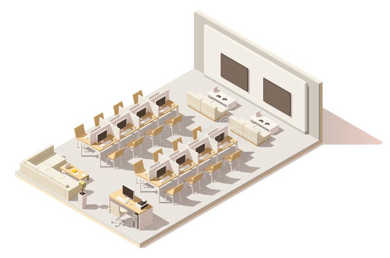 Vector Isometric Low Poly Computer Classroom Stock Vector