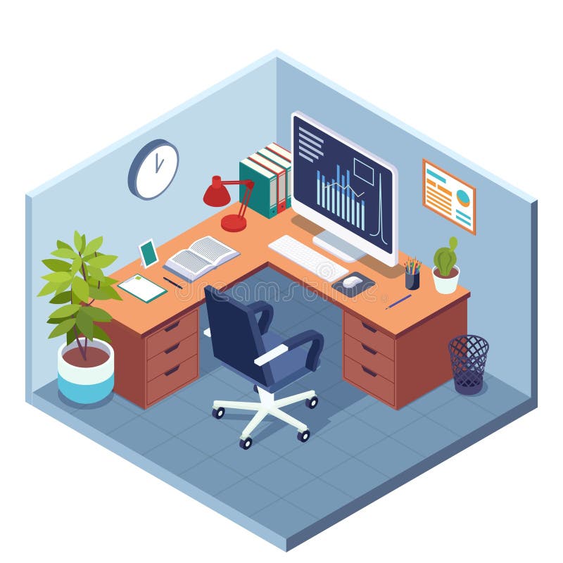Vector Isometric Low Poly Office Room with Cubicle Workplace, Desk ...