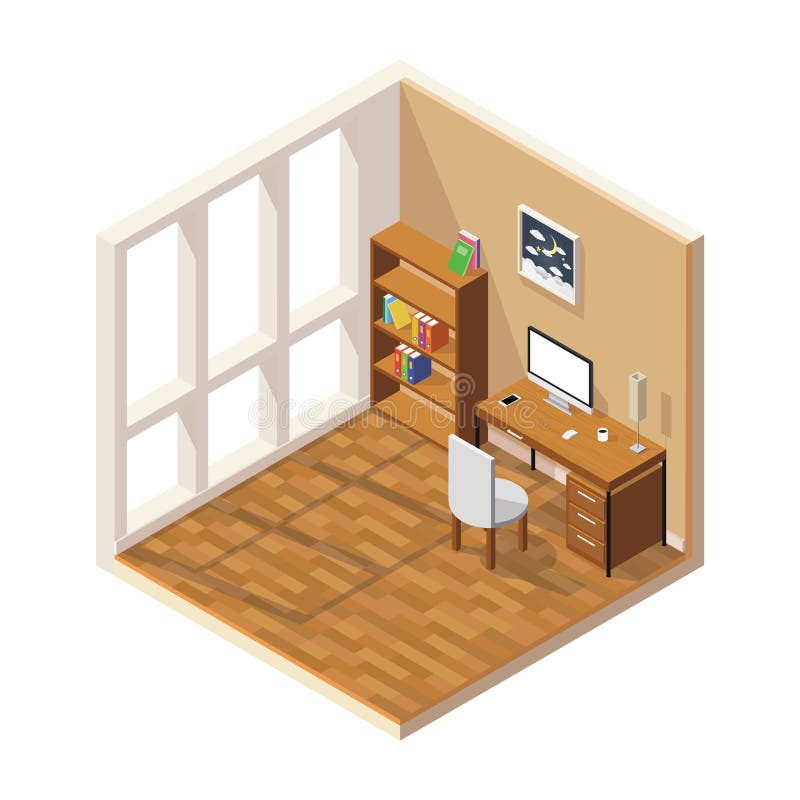 Vector Isometric Low Poly Room Cutaway Icon. Room Includes Furniture ...