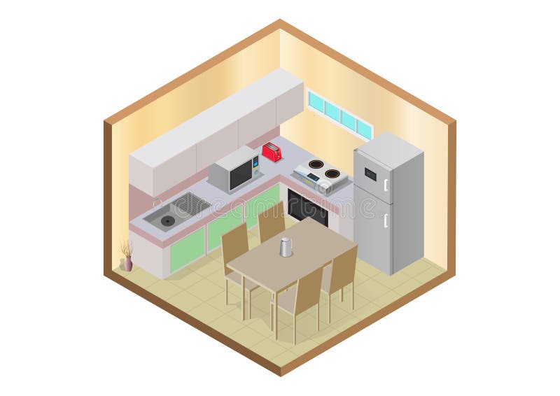 Vector Isometric Modern Kitchen Interior Stock Vector - Illustration of ...