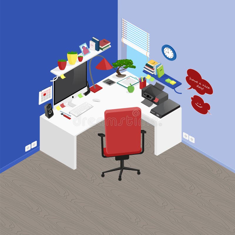 Vector Isometric Office Workplace with Objects and Furniture. De Stock ...
