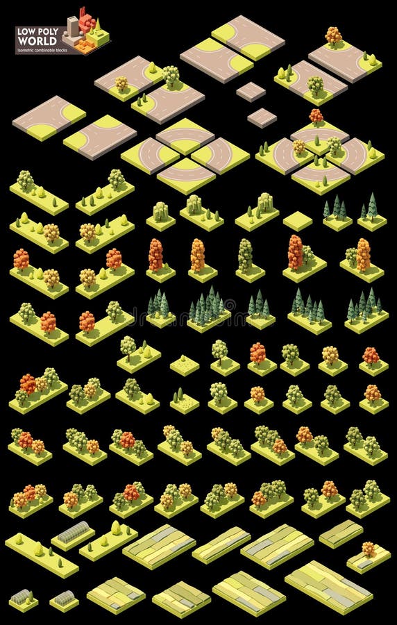 Vector Isometric Town Map Elements. Trees, Roads and Fields Stock ...