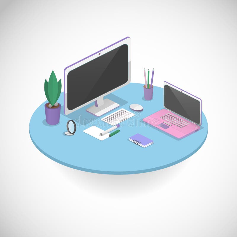 Vector Isometric Workplace with Computer. Work at Home at the Computer ...