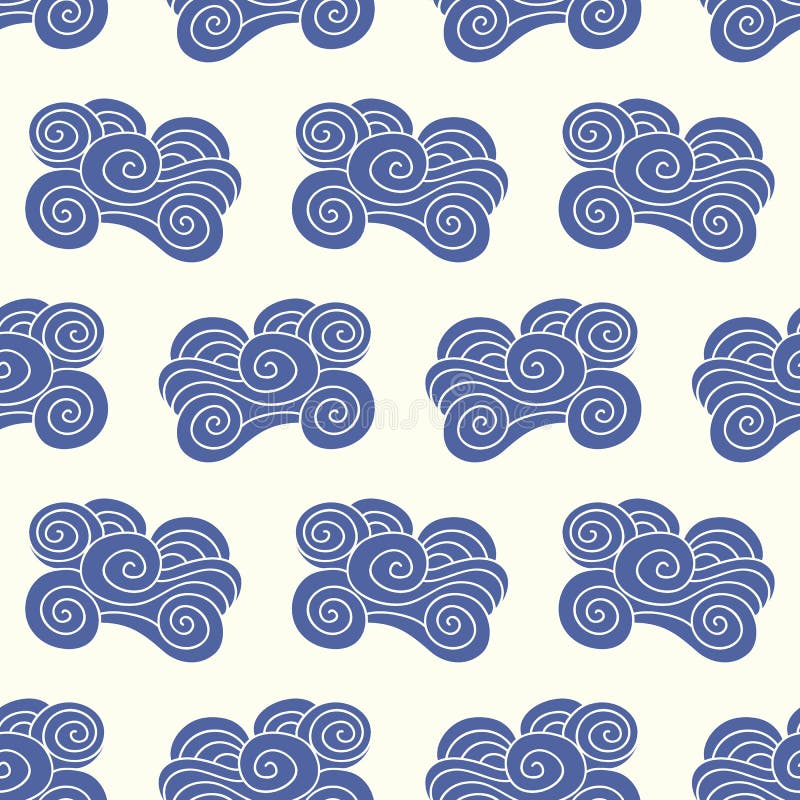 Japanese, Chinese Traditional Asian Blue Sea Waves, Clouds Seamless ...