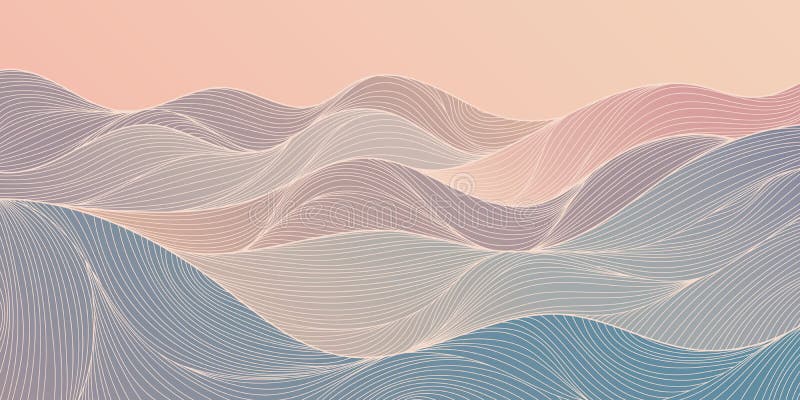 Vector Japanese Mountain Background, Wavy Line Style. Art Line Design ...