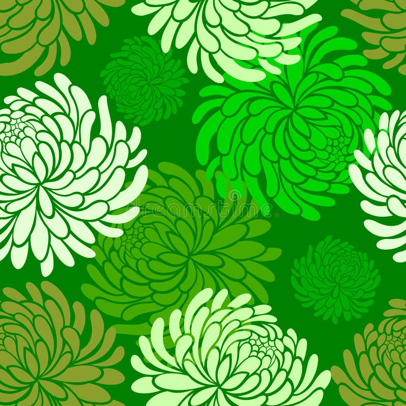 Vector Japanese Seamless Pattern With Chrysanthemums On Green ...