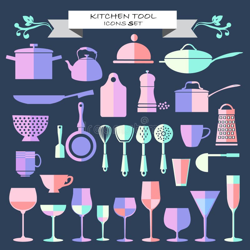 Kitchen Ware and Restaurant, Glassware Icons Set Stock Vector ...