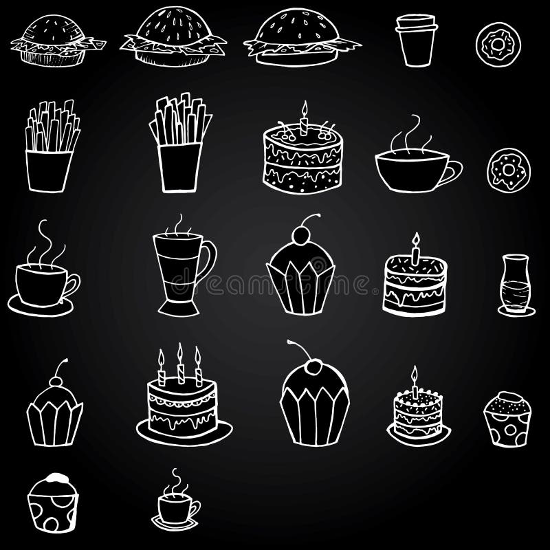 Vector La Comida Y La Comida Dibujadas Mano En Fondo Negro Ilustración ...