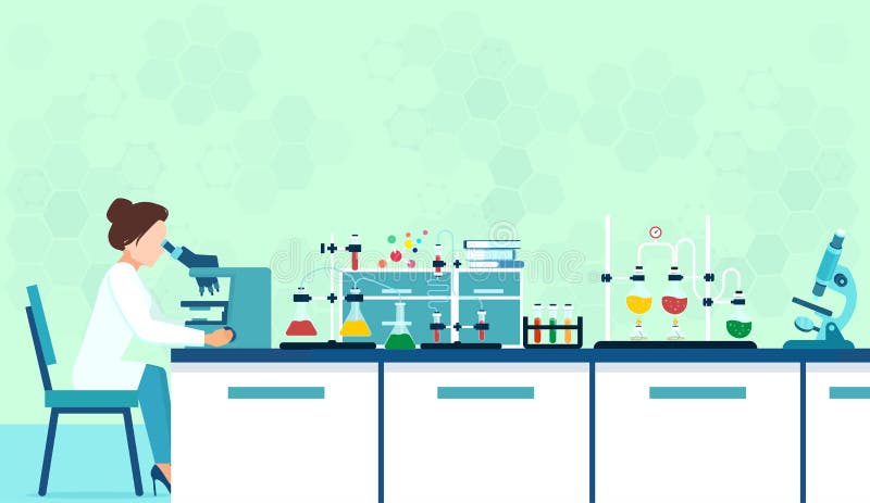 Vector of a Lab Researcher Working in a Lab with a Microscope and Tools ...