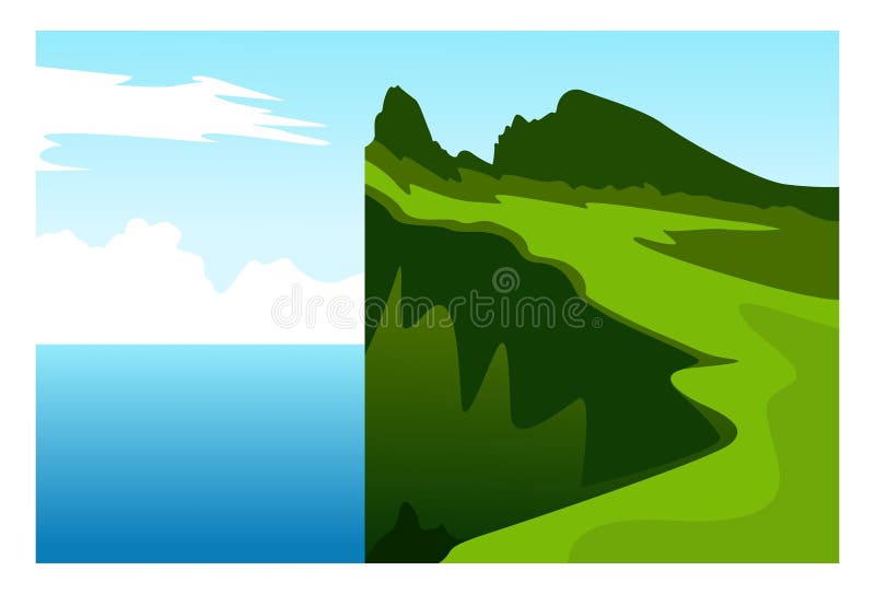 Vector Landscape Background of Green Cliffs and Sea Stock Illustration ...