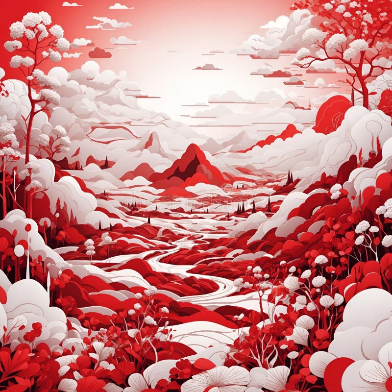 Vector Landscape. Red and White Vector Illustration. Vector Artwork ...