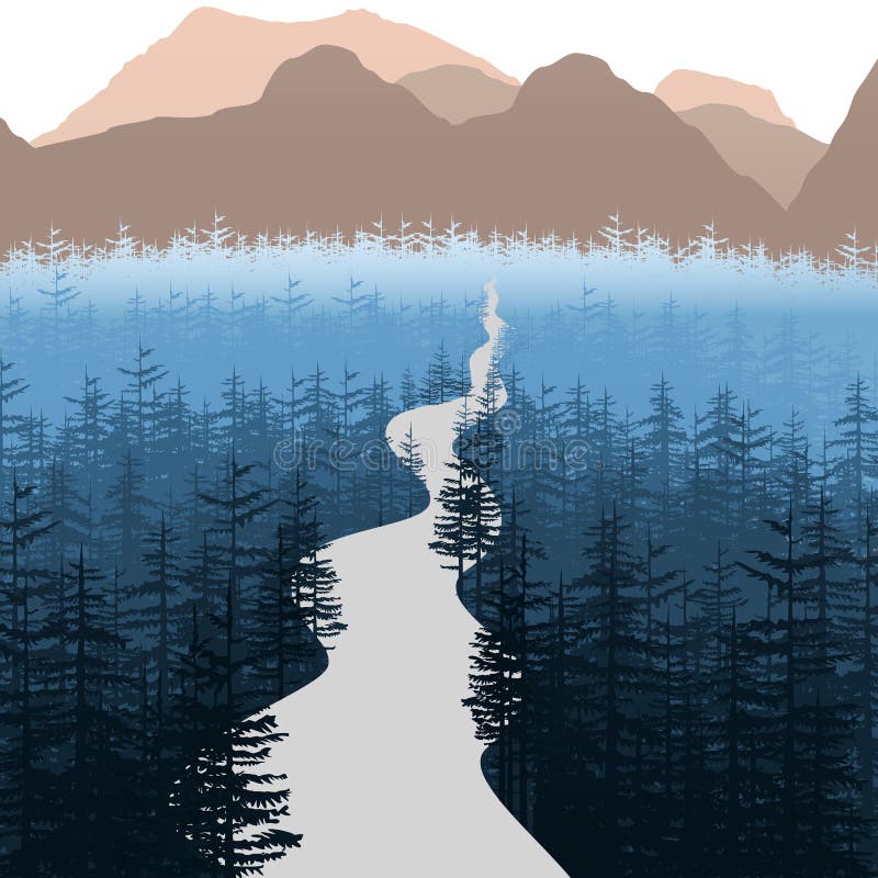 Vector Landscape with a River among Blue Forest Illustration Stock ...