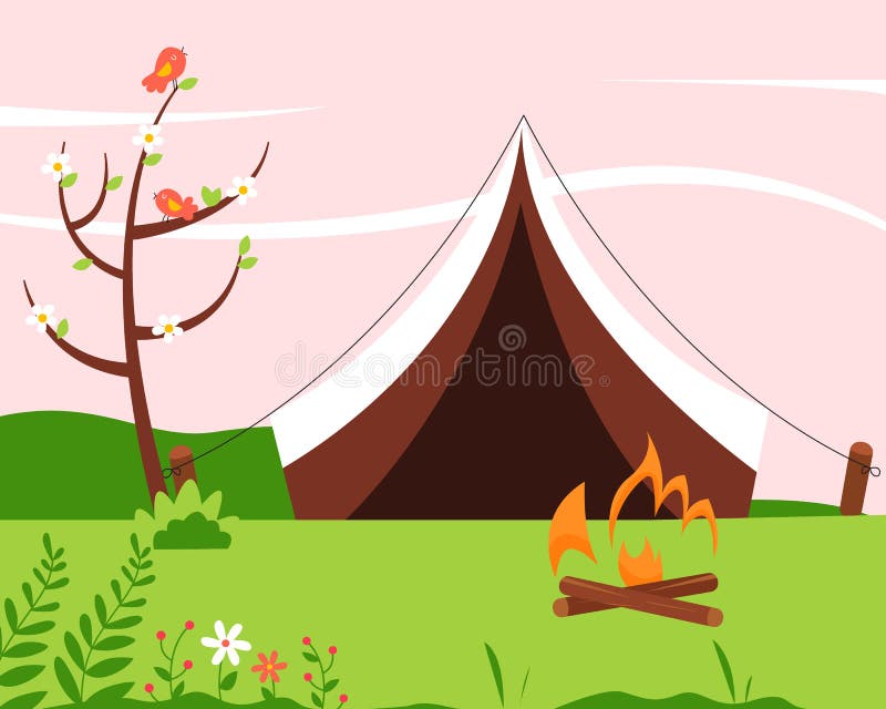 Vector Landscape with a Tent, Forest and Fire in Spring. Background ...