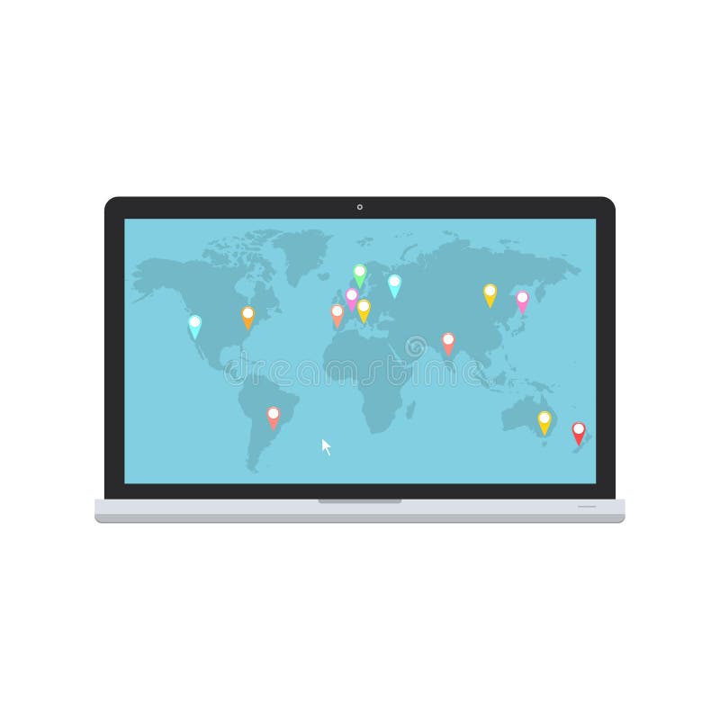 Vector Laptop and Blue World Map with Map Pointers for Communications ...