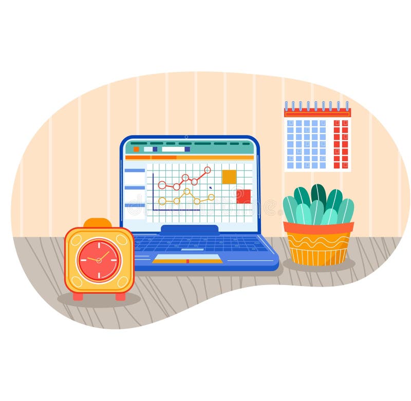 Vector Laptop, Clock, Calendar, Flower on Desk Stock Illustration ...