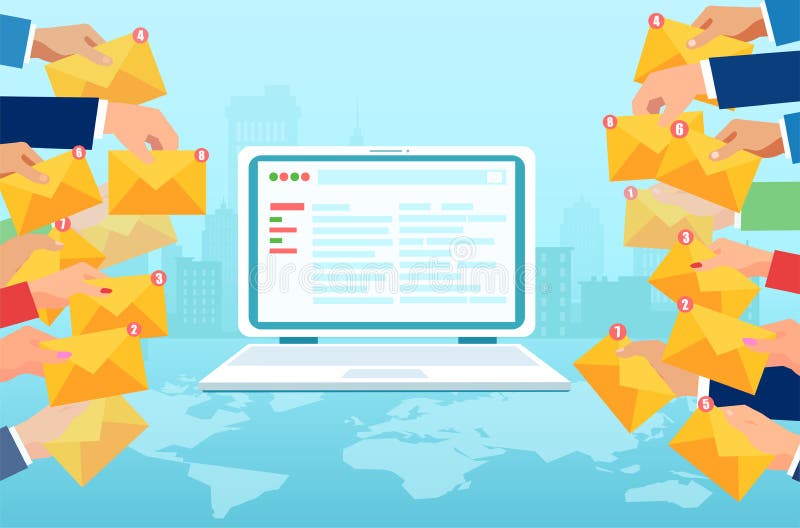 Vector of a Laptop and Multiple Hands Holding Email Icons Stock Vector ...