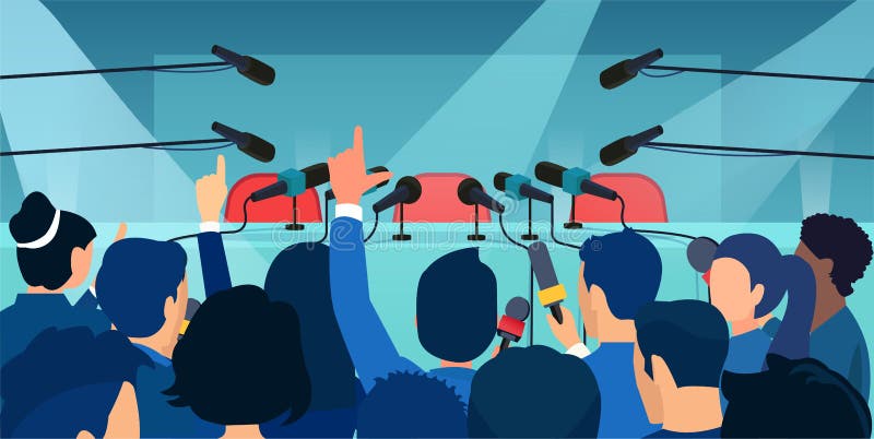 Vector of a Large Crowd of Journalists at a Press Conference, Table ...