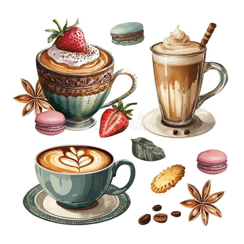 Vector Latte and Cappuccino Coffee and Cupcake Element Collection with ...