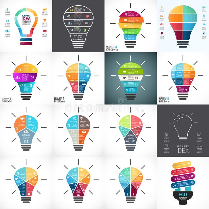 Vector Light Bulb Infographics Set. 3, 4, 5, 6, 7 Options, Parts, Steps ...