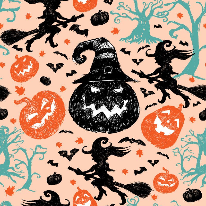 Vector Light Orange Hand Drawn Halloween Repeat Pattern. Suitable for ...