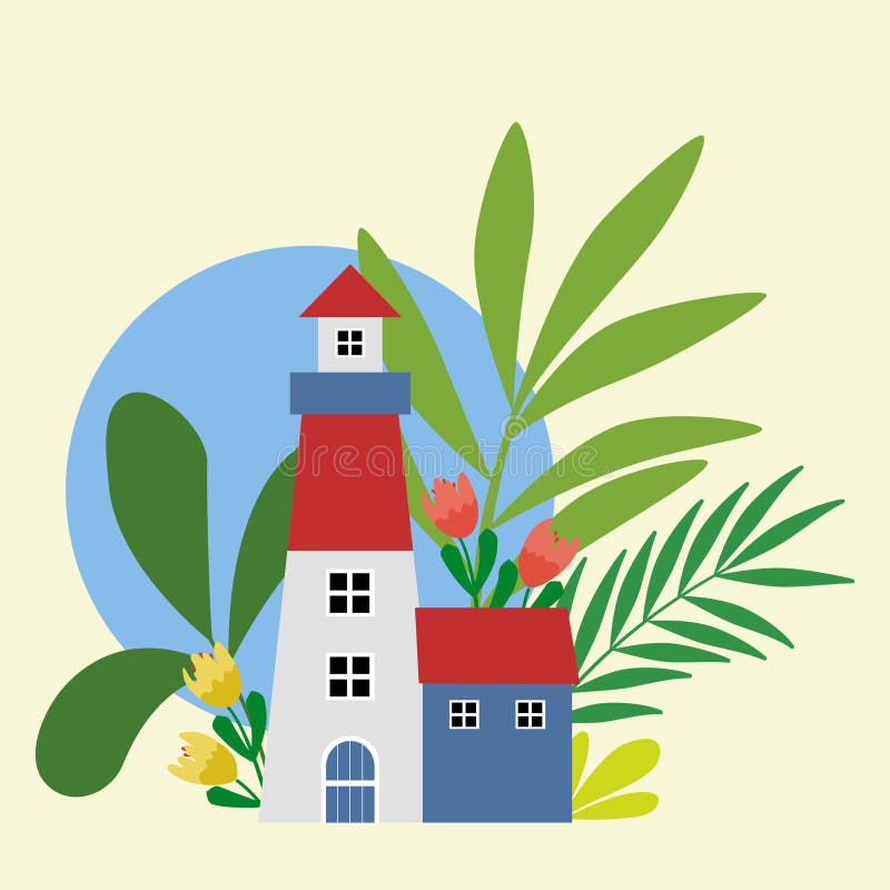 Lighthouse and Flowers Vector Line Art Design Stock Vector ...